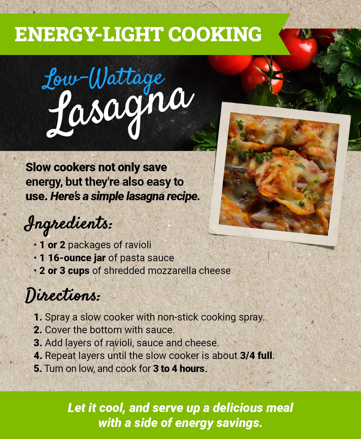 Energy-Light Cooking: Low-Wattage Lasagna